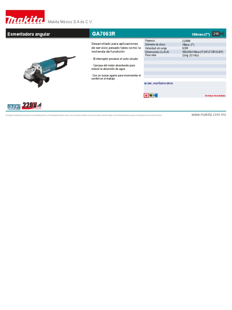 Ficha Técnica Esmeriladora Makita 7" | PDF