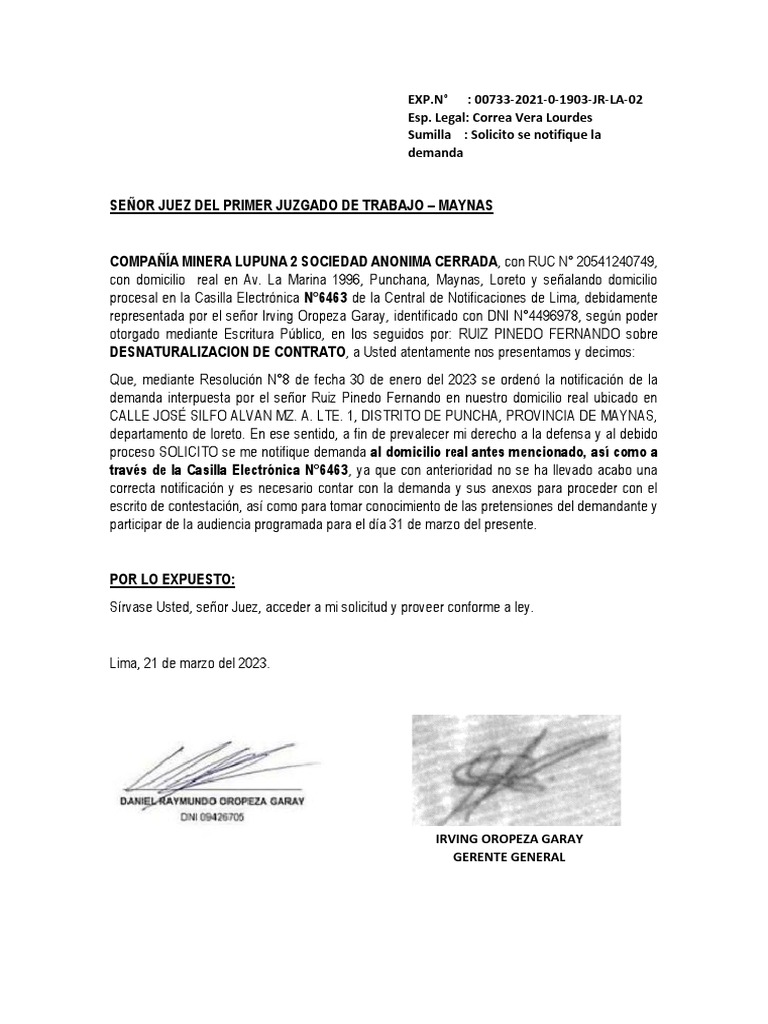 Solicito Se Notifique La Demanda 733 | PDF