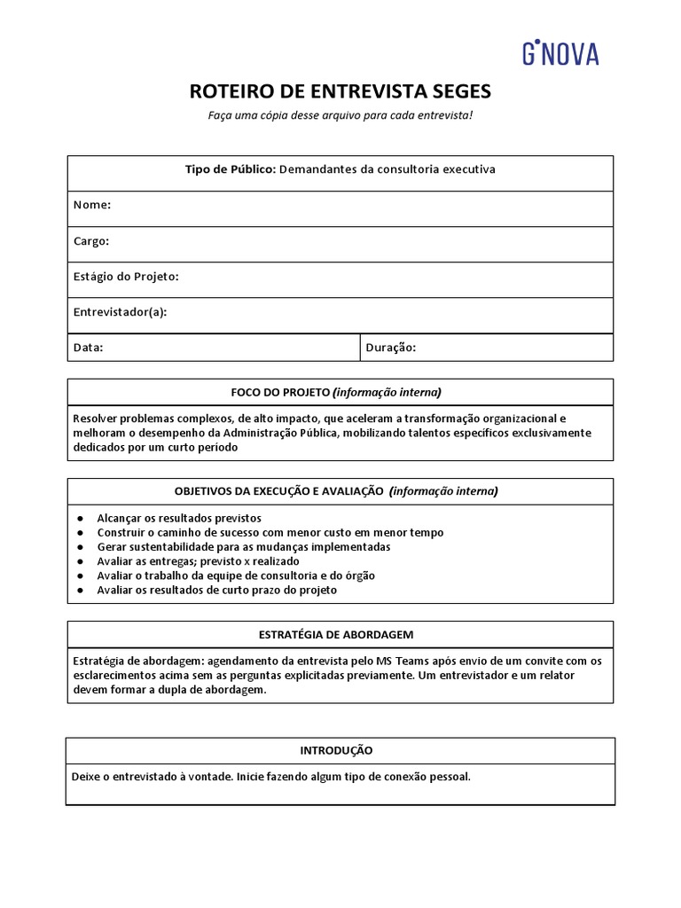 Roteiro de entrevista para avaliação da consultoria executiva na ...