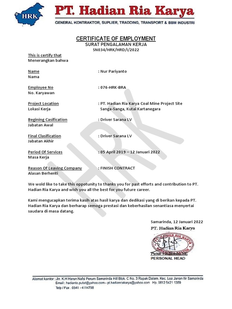 Certificate Of Employment Pdf