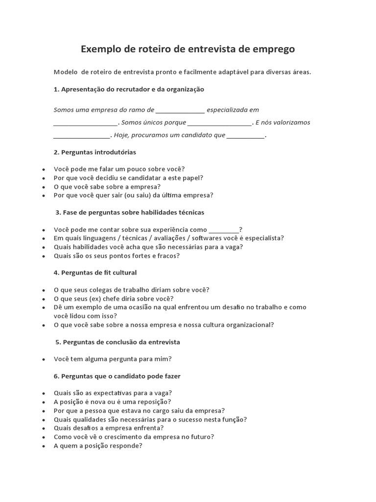 Exemplo de Roteiro de Entrevista de Emprego | PDF