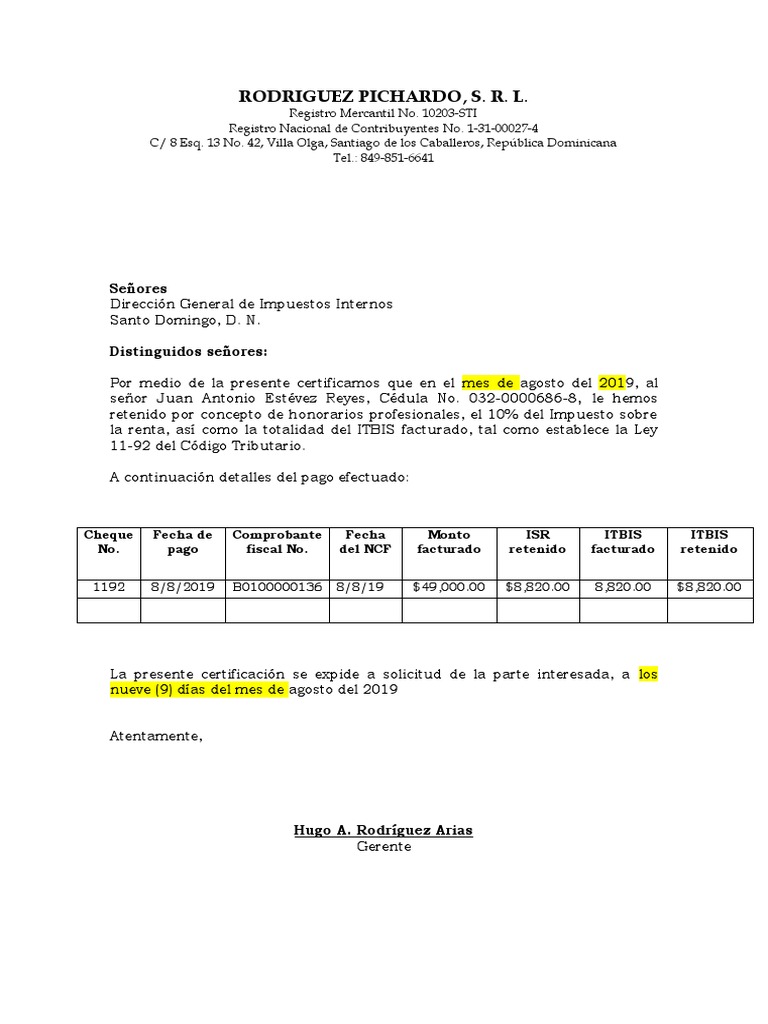 MODELO CARTA DE RETENCION Estevez y Asociados Agosto 2019 | PDF