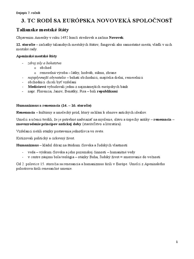 Poznámky Dej 7. Ročník TC Rodí Sa Európska Novoveká Spoločnosť | PDF