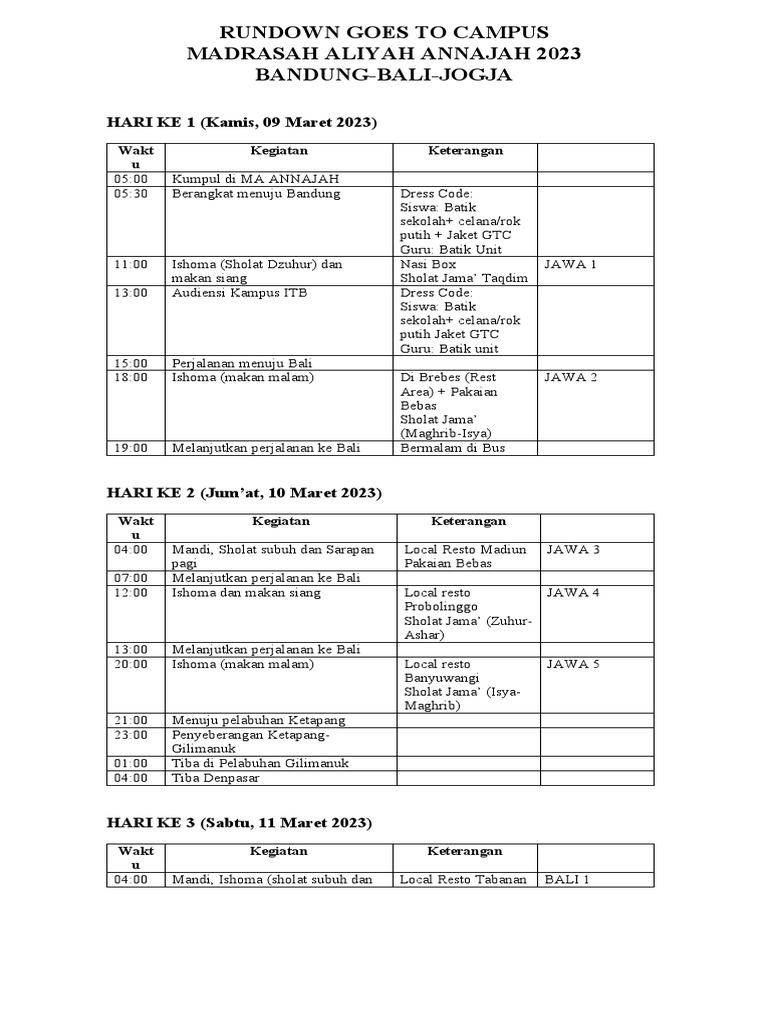 Rundown Study Tour Madrasah Annajah 2023 | PDF