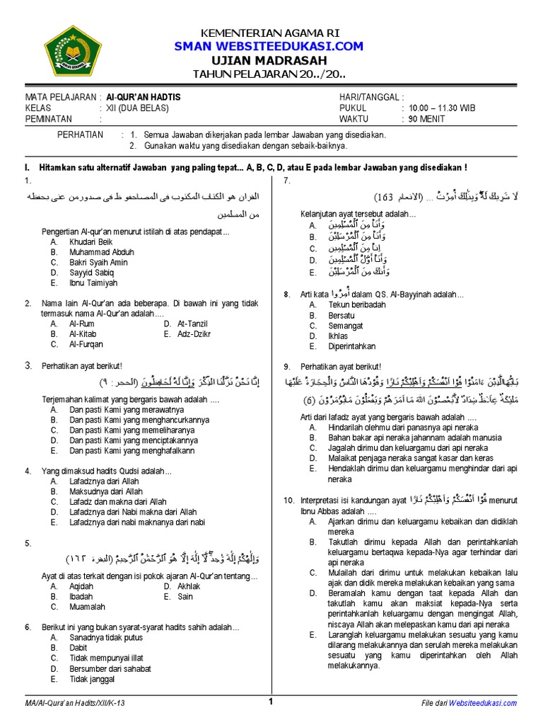 Soal UM Quran Hadits MA K13 | PDF