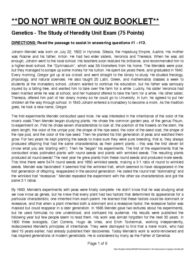 Genetics - The Study of Heredity Unit Exam KEY | PDF | Dominance ...