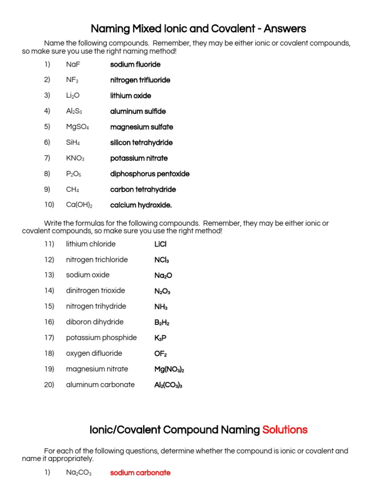 5.7-5.10 Naming Mixed Ionic and Covalent Compounds Answers | PDF ...
