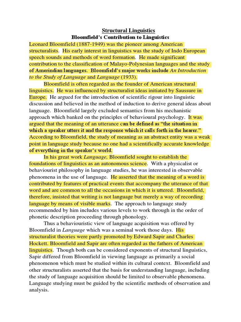 Bloomfield's Contribution To Linguistics | PDF | Linguistics | Systems ...