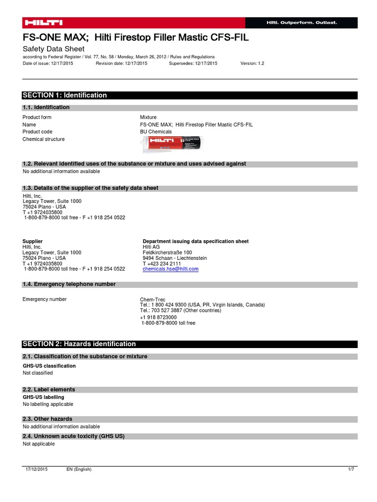 FS-ONE MAX Hilti Firestop Filler Mastic CFS-FIL: Safety Data Sheet | PDF