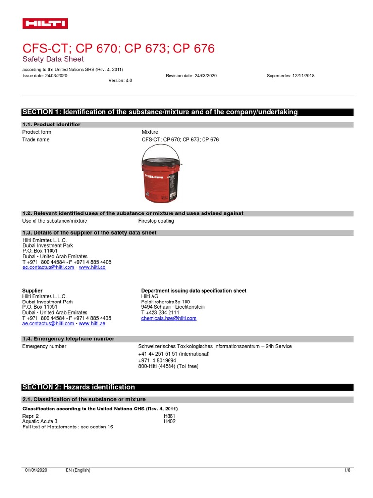 CFS-CT CP 670 CP 673 CP 676: Safety Data Sheet | PDF | Firefighting ...