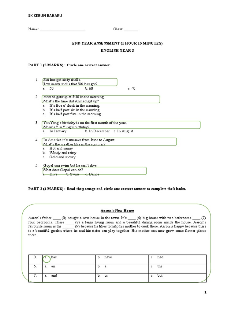 SK Kebun Baharu: End Year Assessment (1 Hour 15 Minutes) English Year 3 ...