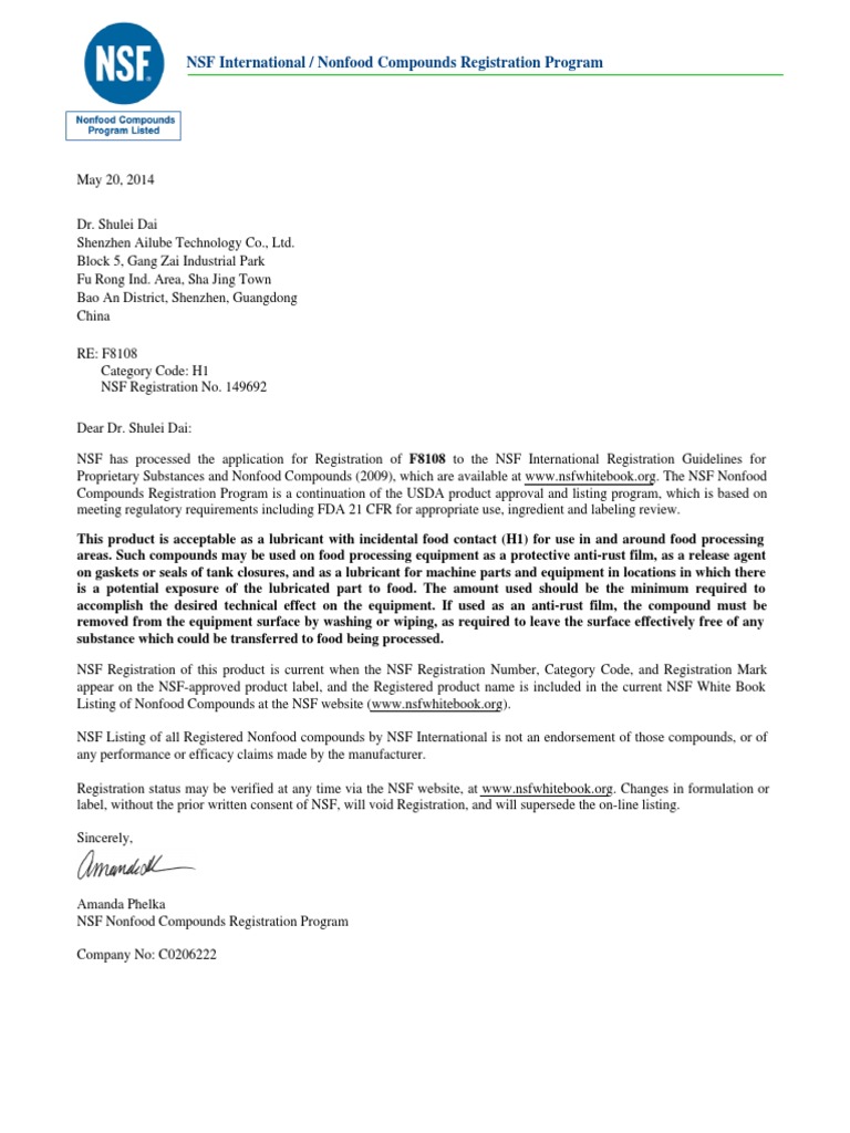 NSF International / Nonfood Compounds Registration Program | PDF