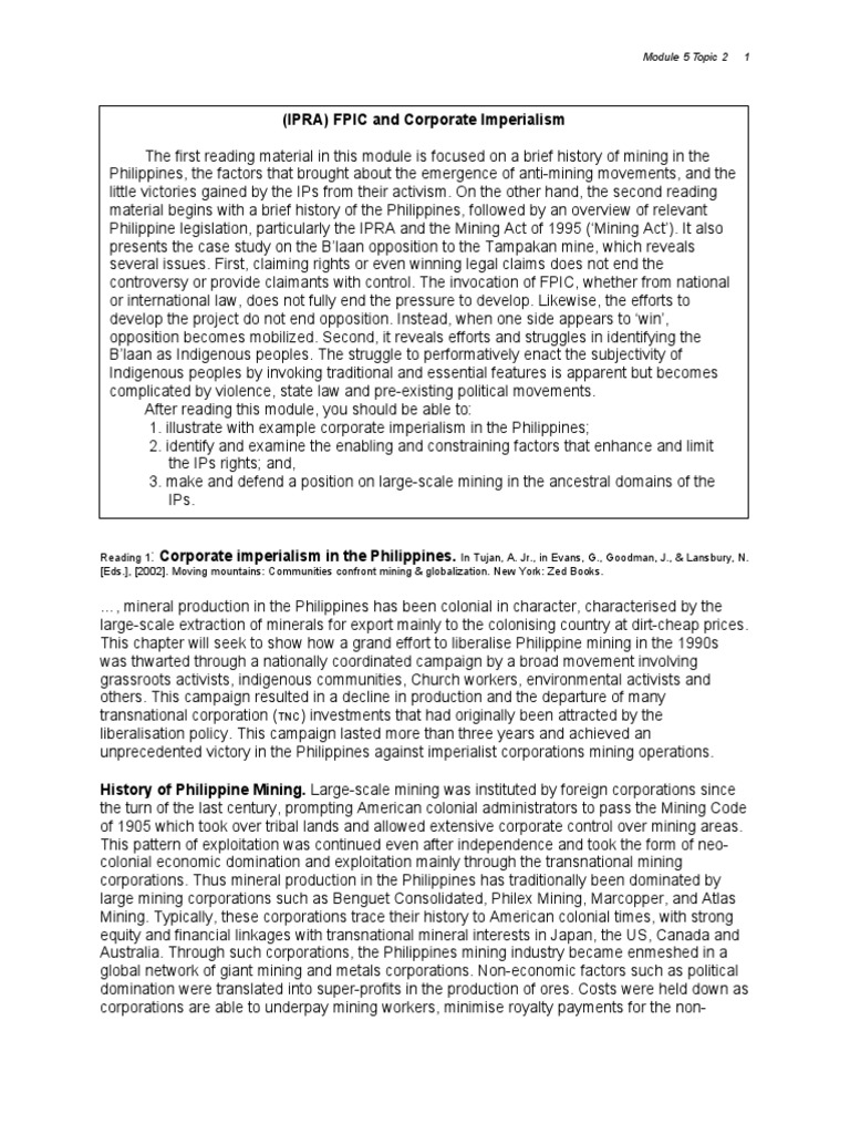 Module 5 Topic 2 - (IPRA) FPIC and Corporate Imperialism | PDF | Mining ...