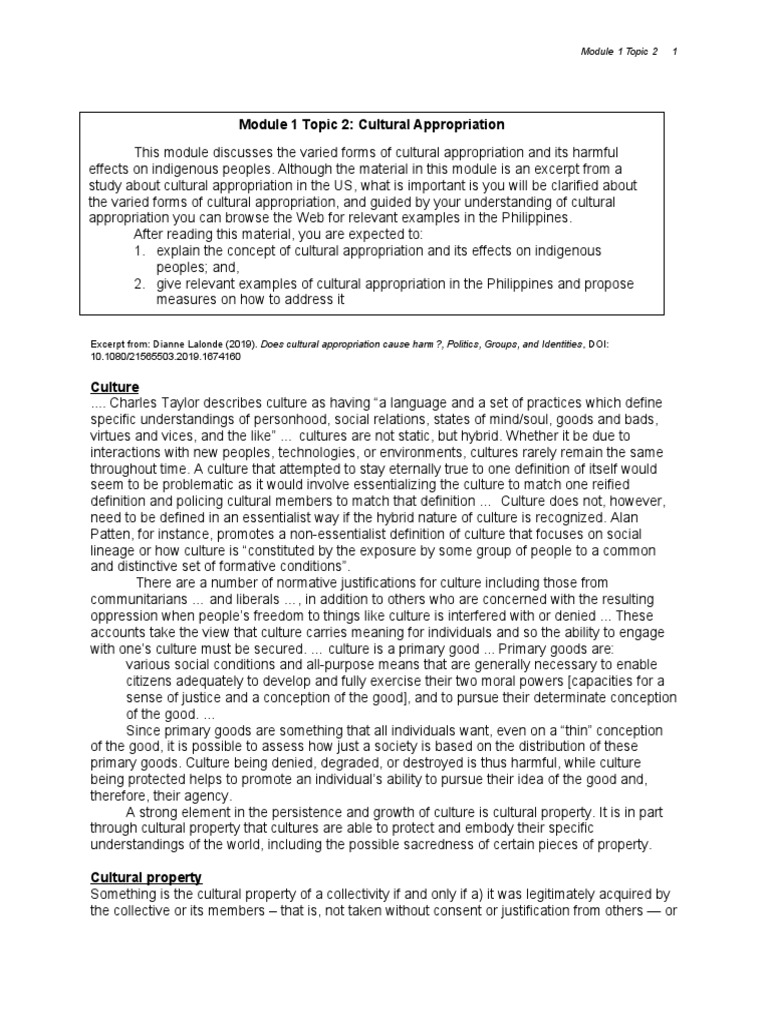 Module 1 Topic 2 Cultural Appropriation | PDF | Stereotypes | Property