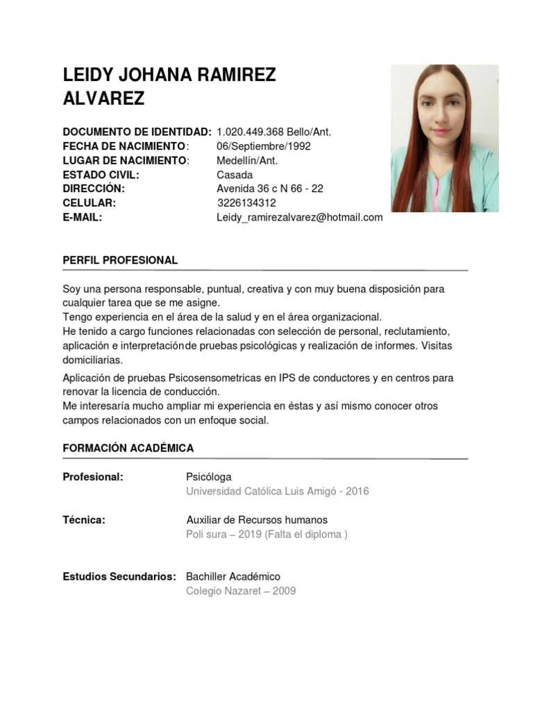 HV Leidy Johana Ramirez 2023 | PDF | Gestión de recursos humanos | Sicología