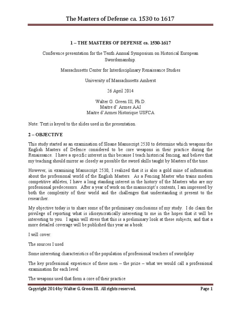 1 - THE MASTERS OF DEFENSE Ca. 1530-1617 | Download Free PDF | Fencing ...