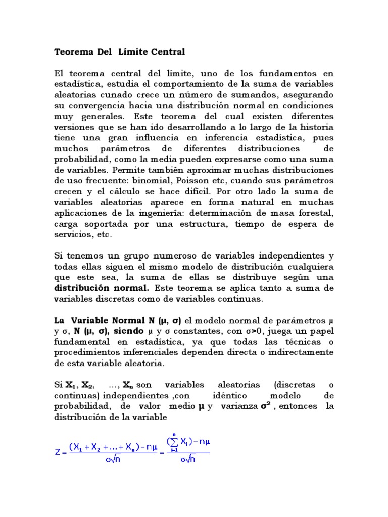 Teorema Del Limite Central | PDF | Distribución normal | Probabilidad Teorema Del Limite Central | PDF | Distribución normal | Probabilidad