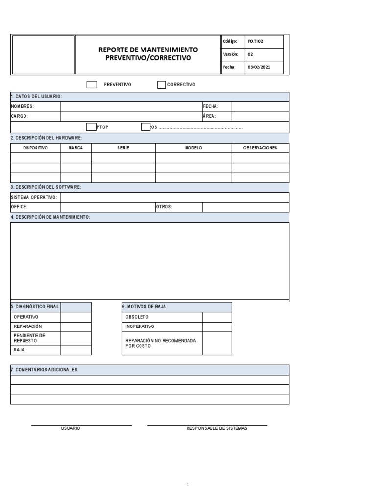 Reporte De Mantenimiento Preventivo Correctivo Pdf Informática
