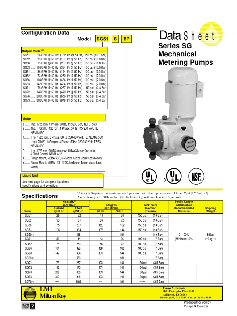 Data Sheet: Series SG Mechanical Metering Pumps | PDF | Pipe (Fluid ...