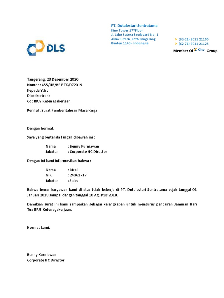 Contoh Surat Pemberitahuan Masa Kerja | PDF