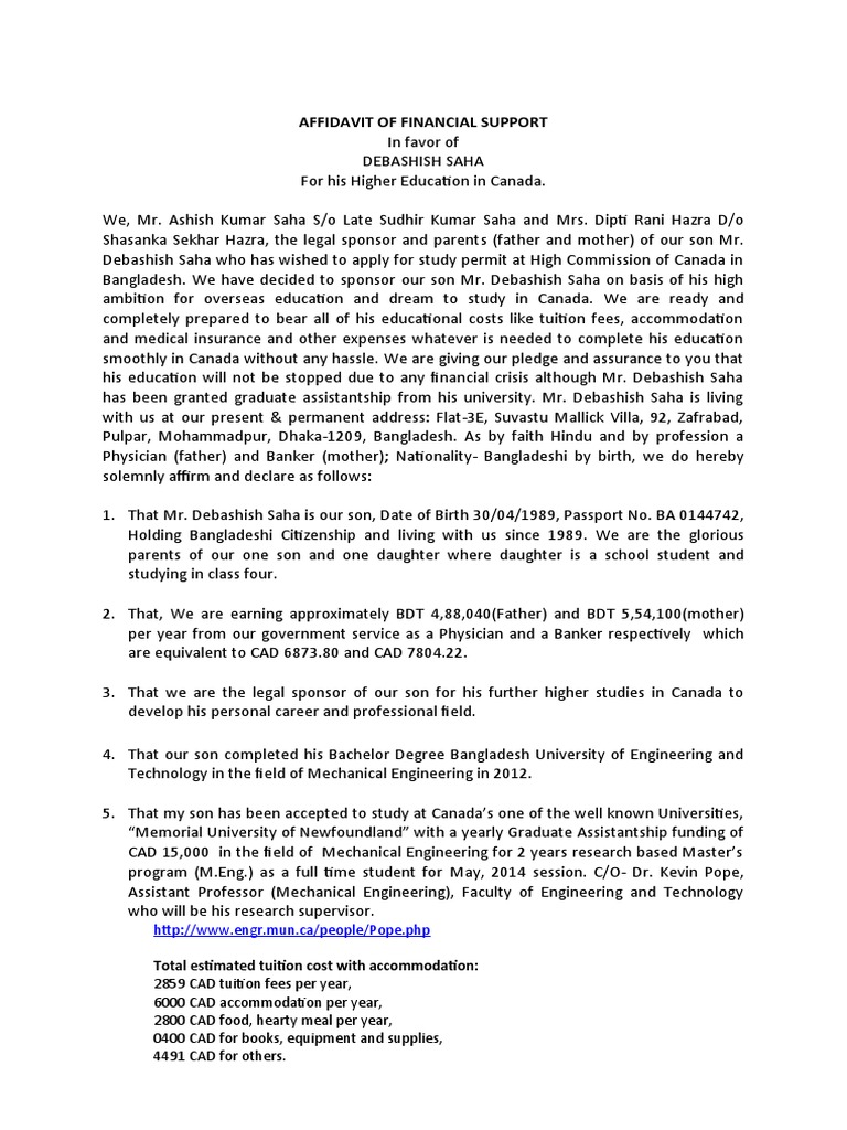 AFFIDAVIT OF FINANCIAL SUPPORT - Parents - Debashish | PDF | Economies