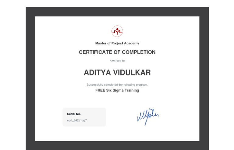 Certificate of Completion For Free Lean Six Sigma Training | PDF