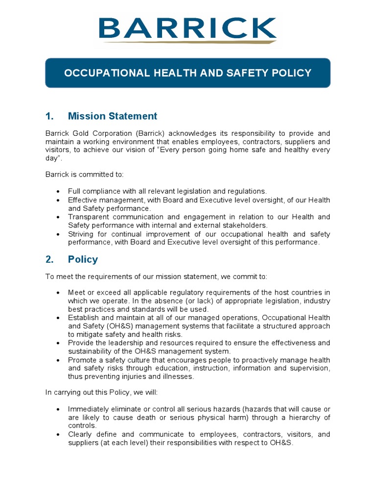 Occupational Health and Safety Policy: 1. Mission Statement | Download ...