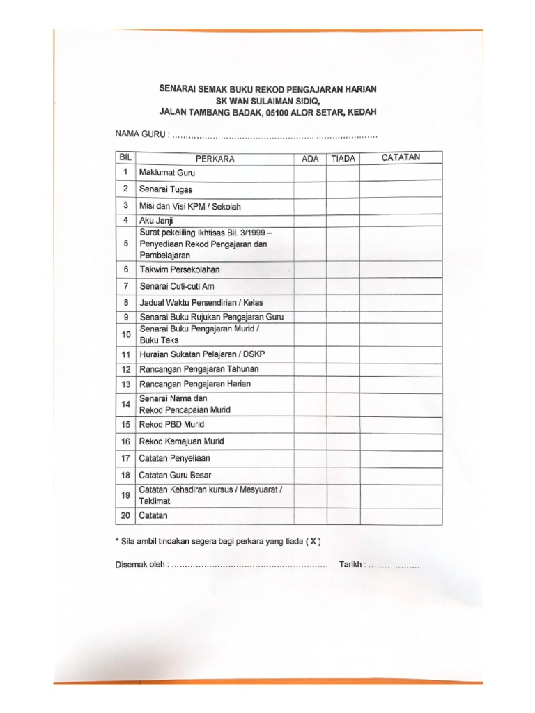 Senarai Semak Buku Rekod Pengajaran Harian | PDF