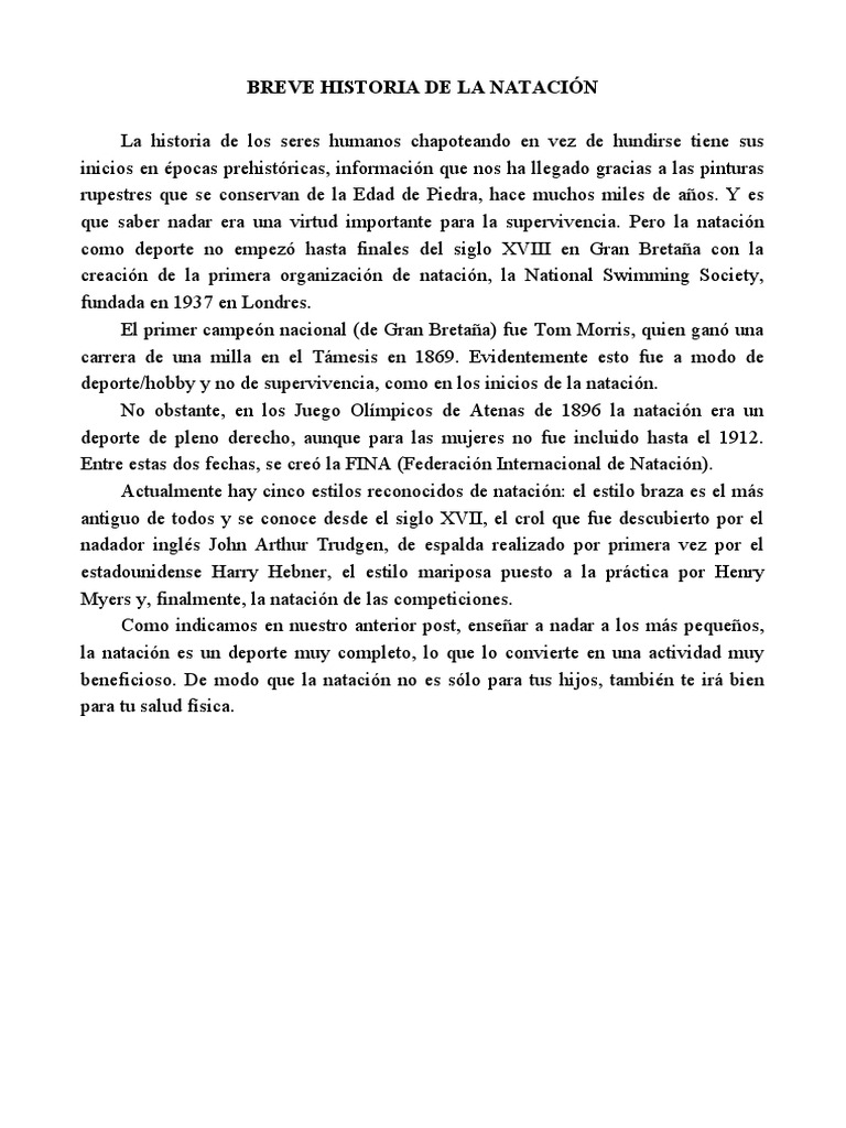 Breve Historia de La Natación | PDF | Buceo bajo el agua | Nadando Breve Historia de La Natación | PDF | Buceo bajo el agua | Nadando