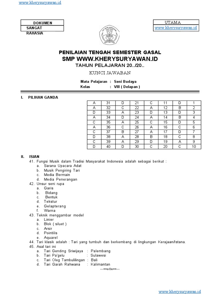 4 - Kunci Jawaban PTS Seni Budaya Kelas 8 Sem. 1 - WWW - Kherysuryawan.id | PDF