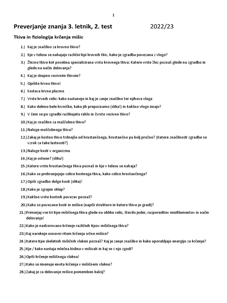 Preverjanje Tkiva + Fiziologija Mišic, Koža, Regulacija, Hormoni 3.Š | PDF