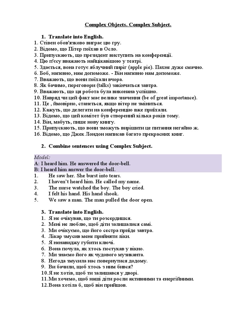 Complex Objects. Complex Subject. 1. Translate Into English | PDF