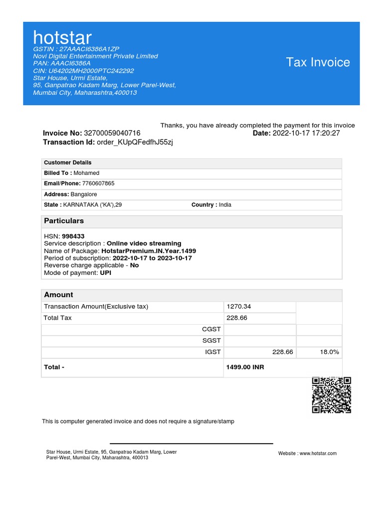 Hotstar Premium Subscription Invoice | PDF