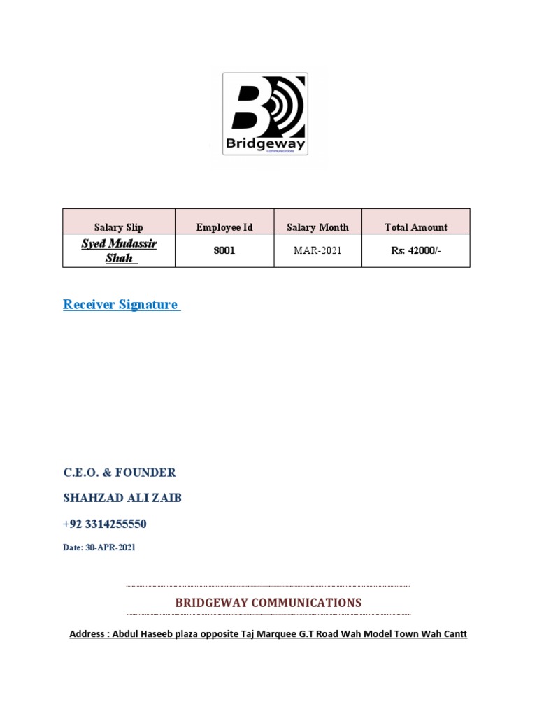 Receiver Signature: Syed Mudassir Shah | PDF
