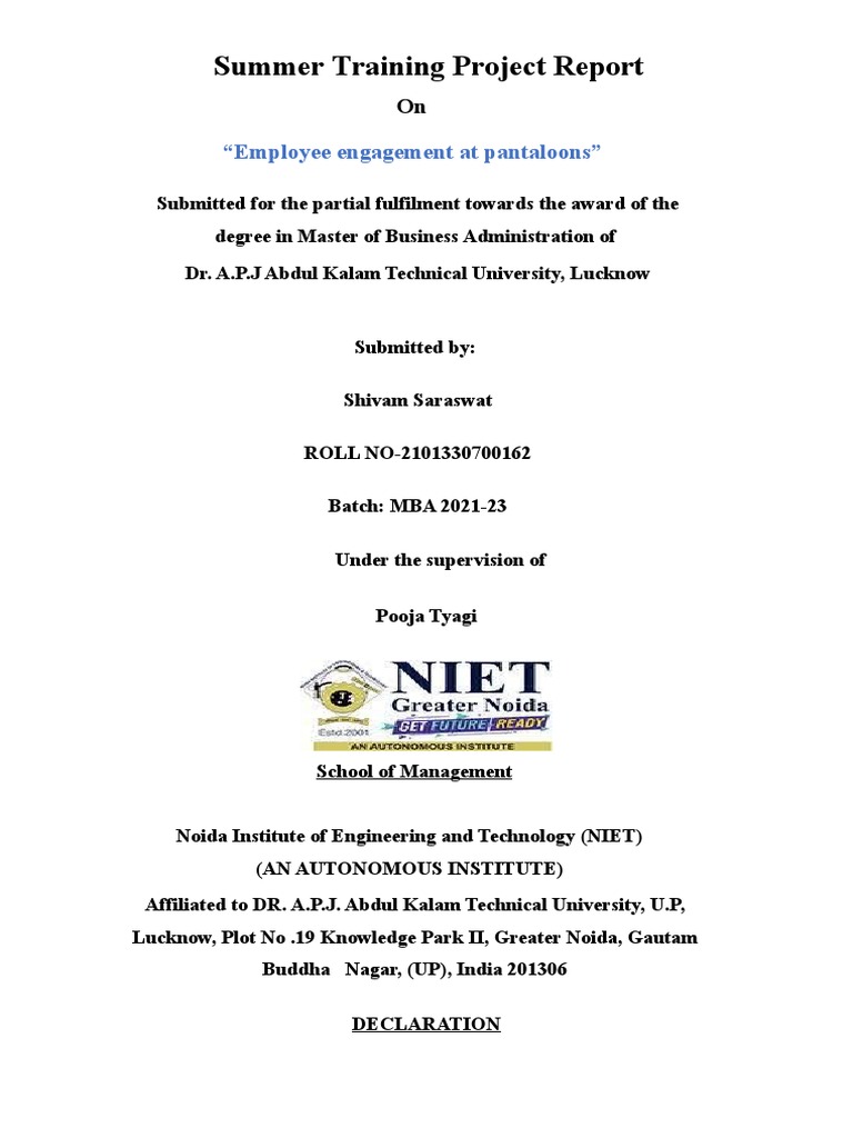 Summer Training Project Report: "Employee Engagement at Pantaloons ...