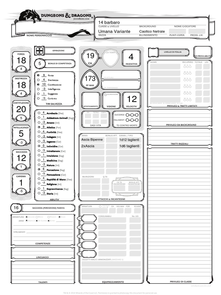 D&D 5e Scheda Personaggio v1.1 Bene | PDF