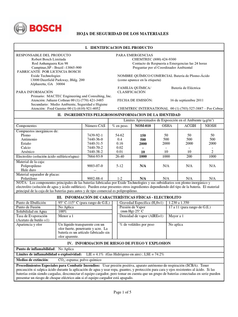 Bosch Hoja de Seguridad RB EEUU | PDF