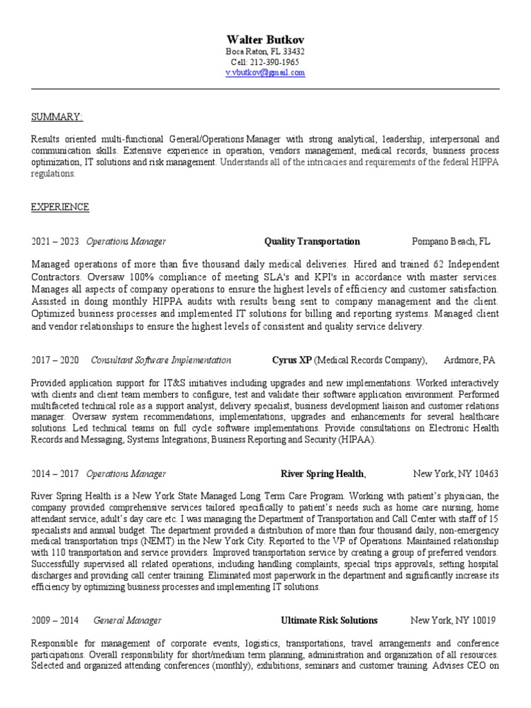 Walter Butkov Resume MR | PDF | Health Insurance Portability And ...