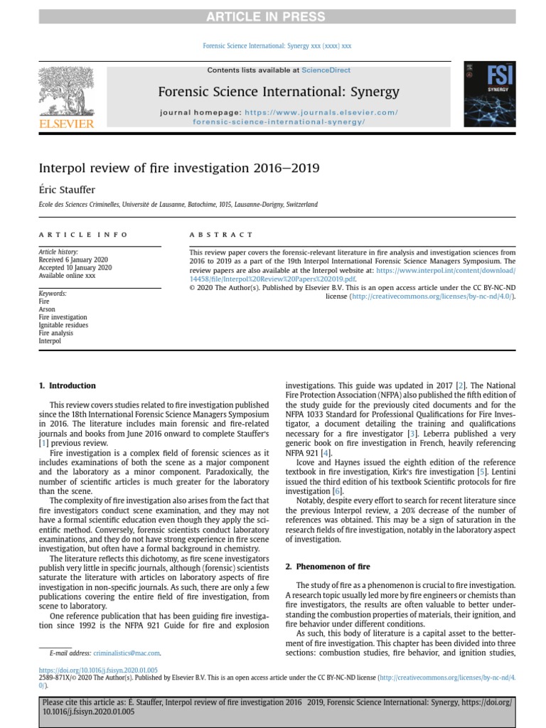 Interpol Review of Fire Investigation 2016-2019 E Stauffer Forensic Sci Intl Synergy 2020 | PDF ...