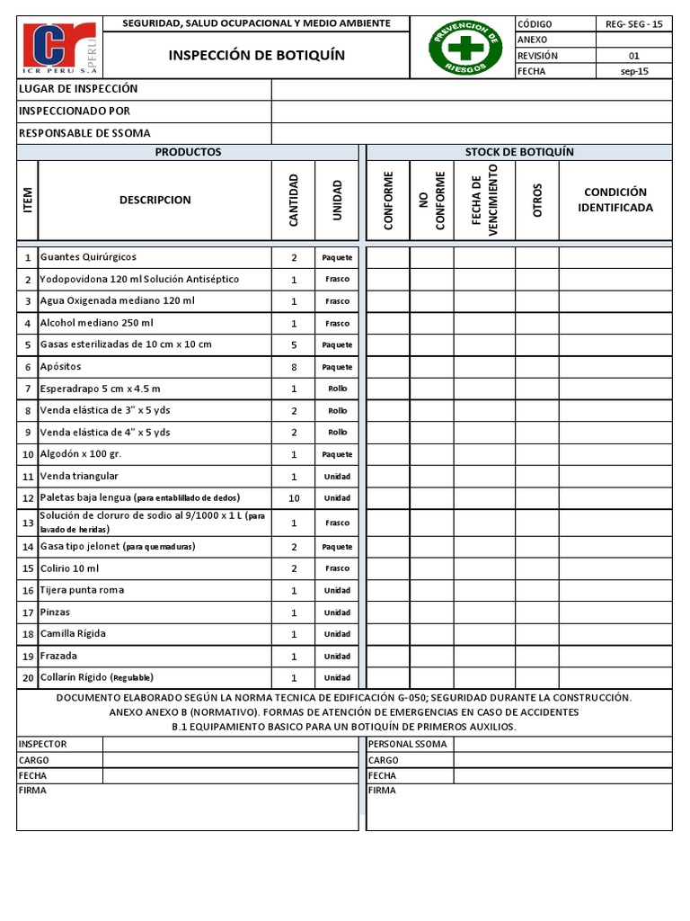 Reg - Seg - 15 Inspeccion de Botiquín | PDF | Materiales | Compuestos ...