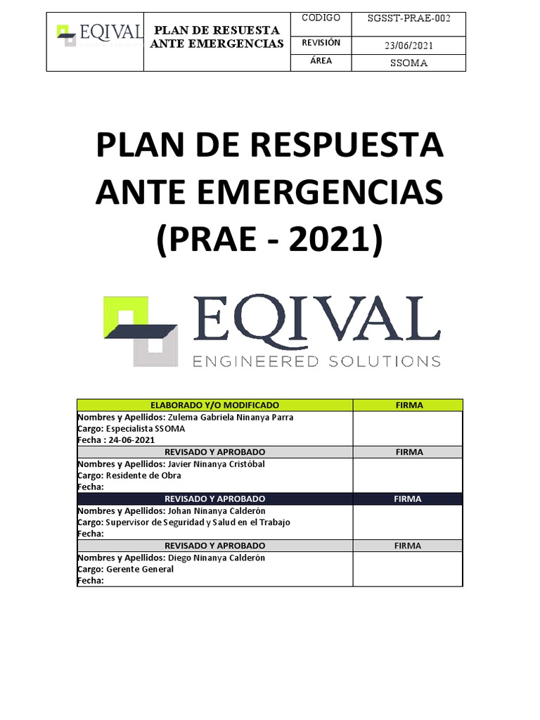 Plan de Atencion de Emergencias - 2021 Eqival 24-06-2021 | PDF | Primeros auxilios | Bombero