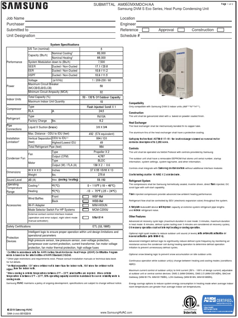 System Specifications: Samsung DVM S Eco Series, Heat Pump Condensing ...