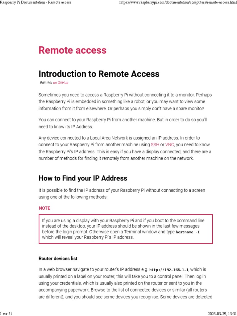 Raspberry Pi Documentation - Remote Access | PDF | Secure Shell | Command Line Interface