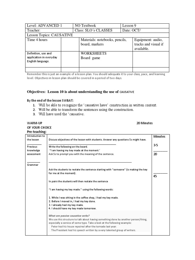 Causative Verbs Workshop Plan | PDF | Verb | Lesson Plan