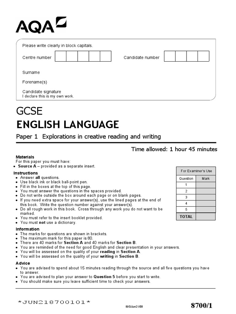 English Language: Paper 1 Explorations in Creative Reading and Writing ...