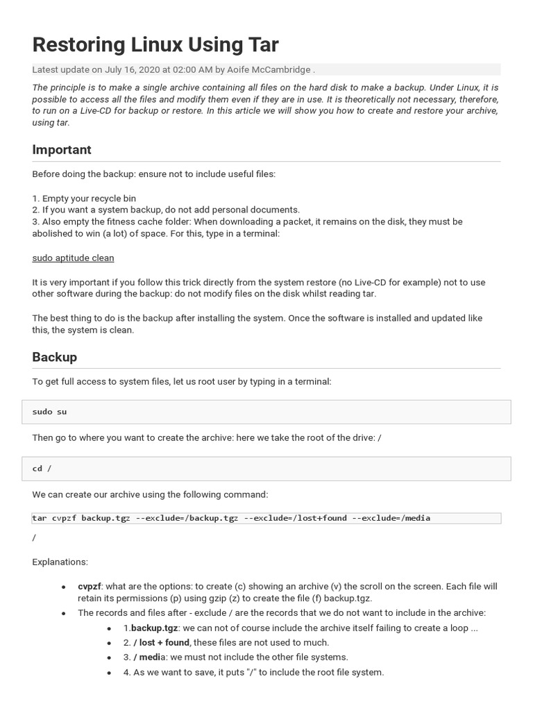 Restoring Linux Using Tar Pdf Computer Engineering Data