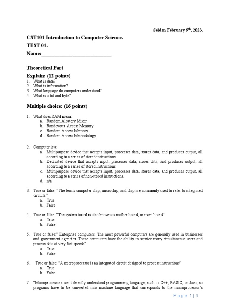 CST101 Introduction To Computer Science. TEST 01. Name: - Theoretical ...