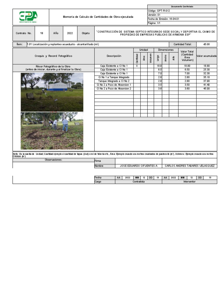 Memoria de Calculo de Cantidades de Obra Ejecutada: Documento ...