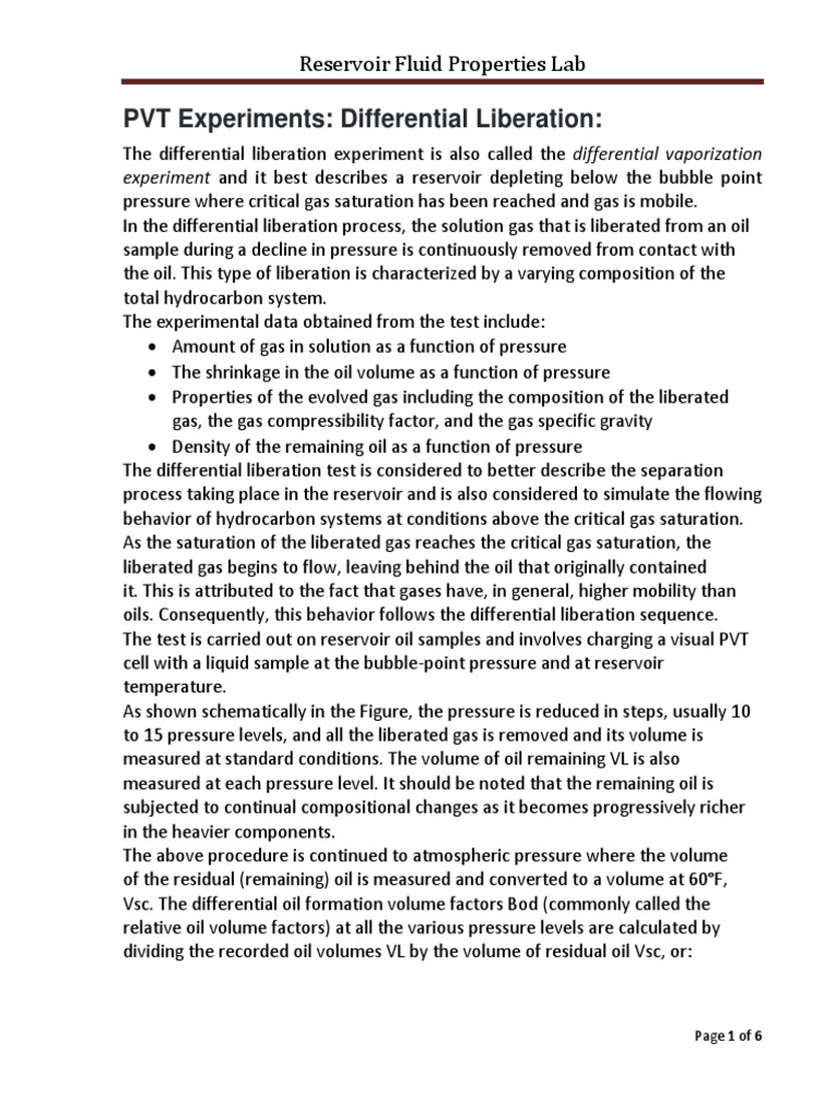 PVT Experiments: Differential Liberation:: Reservoir Fluid Properties ...