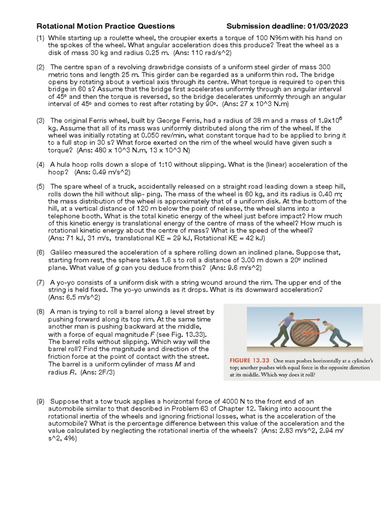 Rotatinal Motion Practice Questions | PDF | Torque | Force